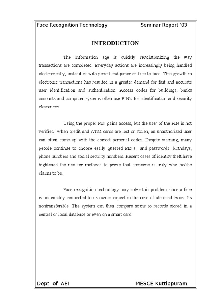 Face Recognition Technology Seminar Report | PDF | Biometrics ...