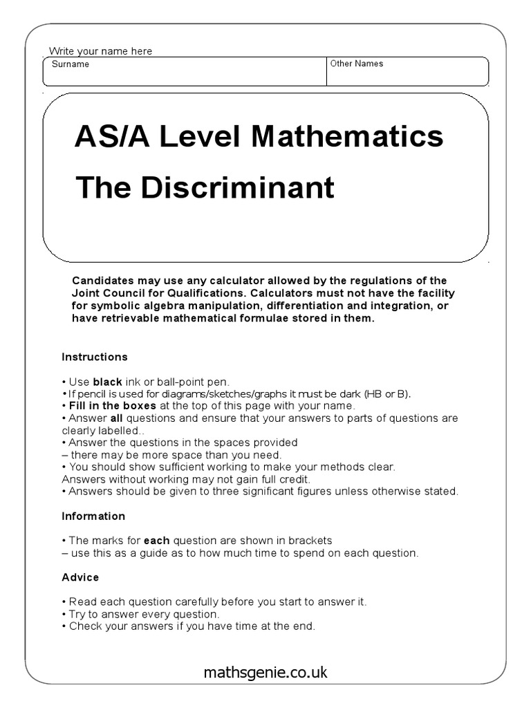 AS/A Level Mathematics The Discriminant: Mathsgenie - Co.uk | PDF ...