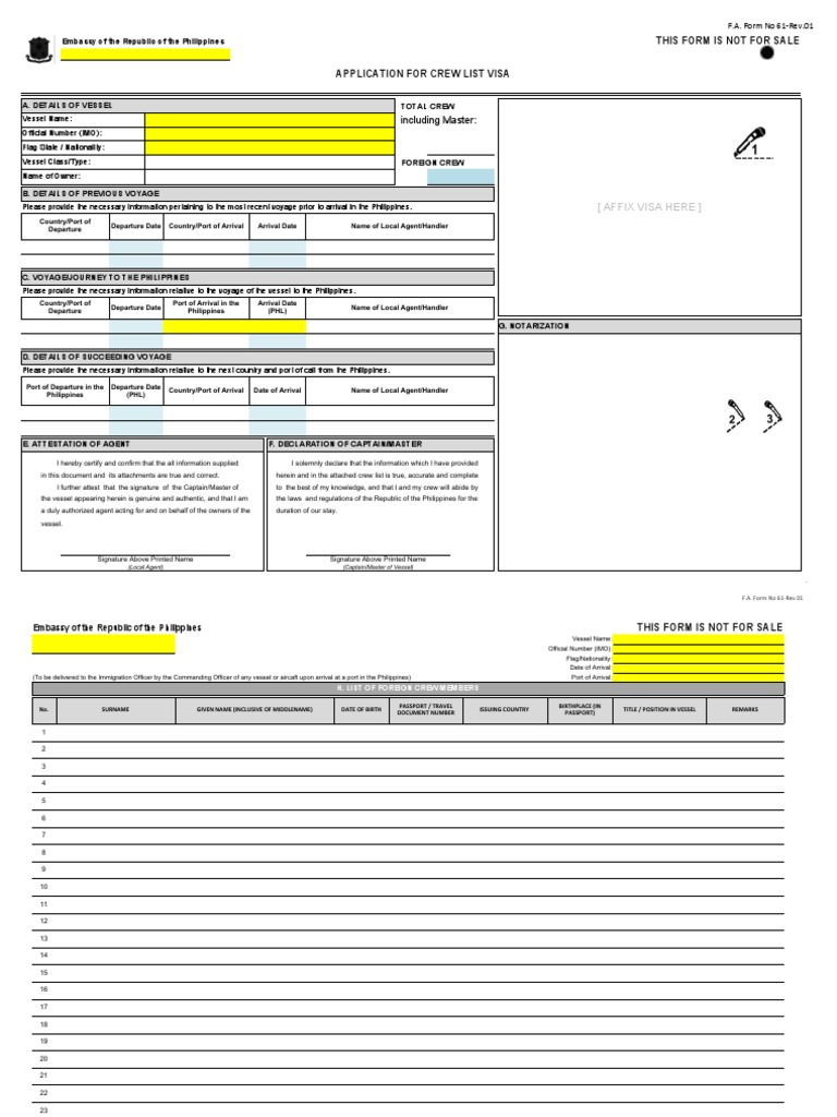 This Form Is Not For Sale Application For Crew List Visa: Including ...
