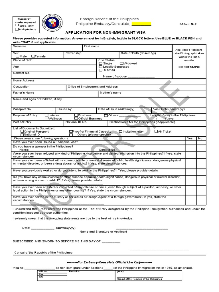 Application For Non-Immigrant Visa: Foreign Service of The Philippines ...