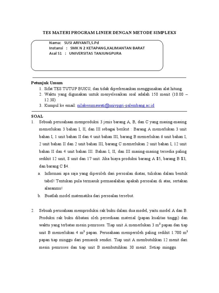 Soal Metode Simpleks HOTs Tugas Bu Nila | PDF