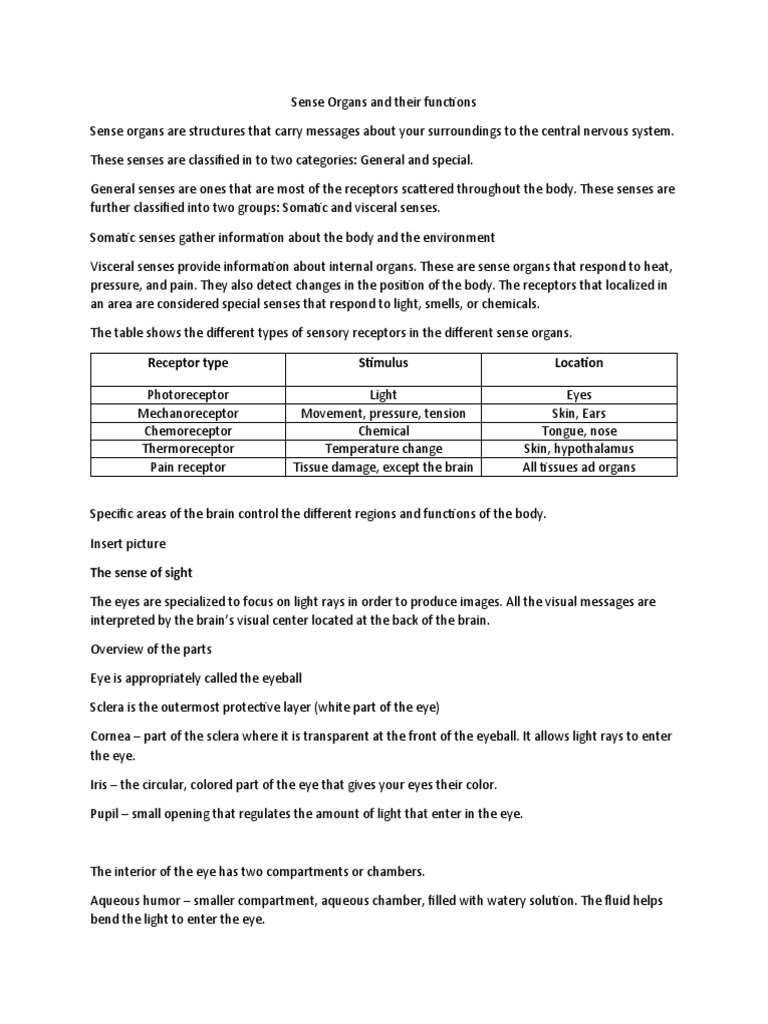 Sense Organs and Their Functions | PDF | Senses | Eye