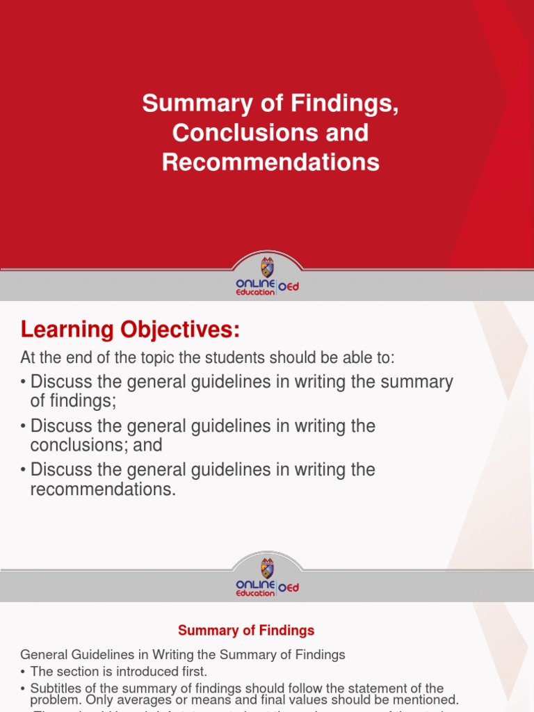 Summary of Findings, Conclusions and Recommendations | Download Free ...