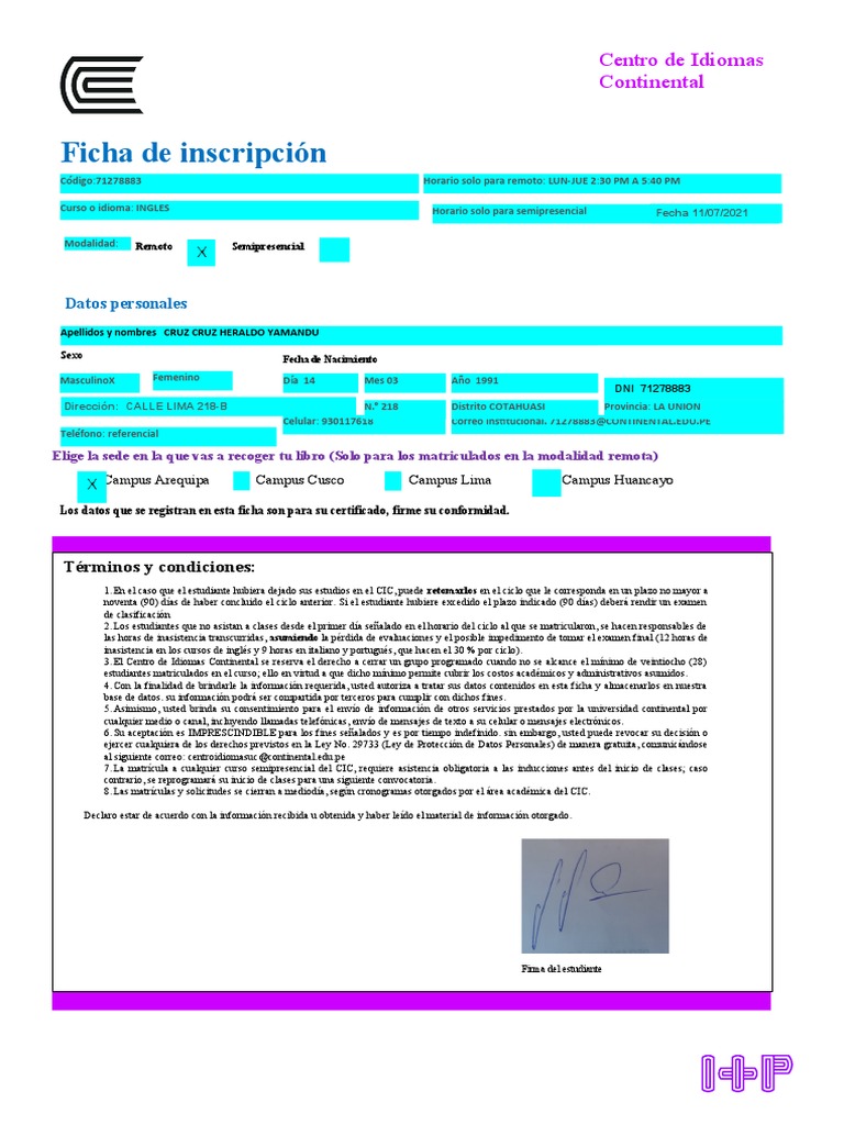 Ficha de Inscripción Cic | PDF