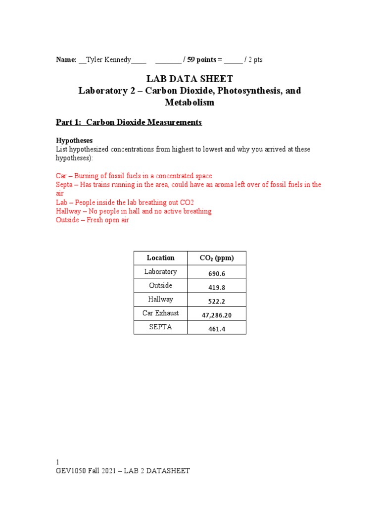 Lab Data Sheet Laboratory 2 - Carbon Dioxide, Photosynthesis, and ...