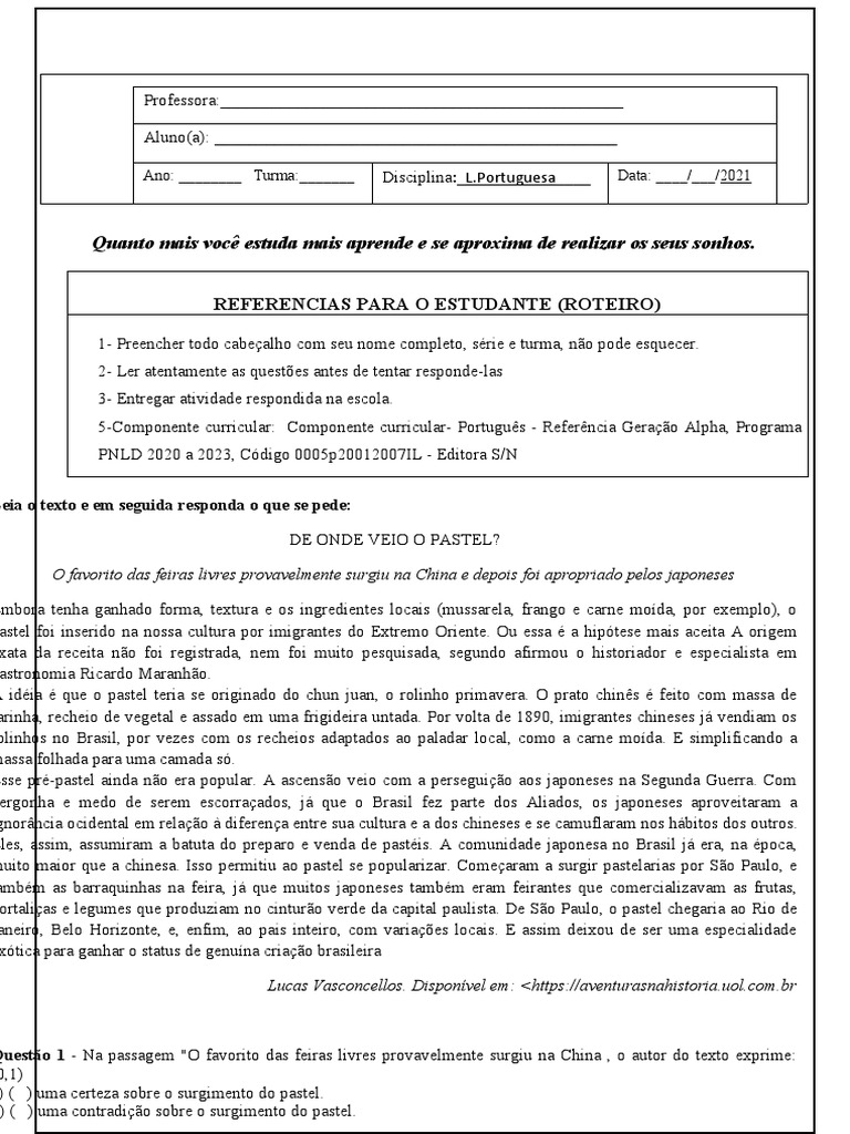 A origem do pastel | PDF | Preposição e posposição | Assunto (gramática)