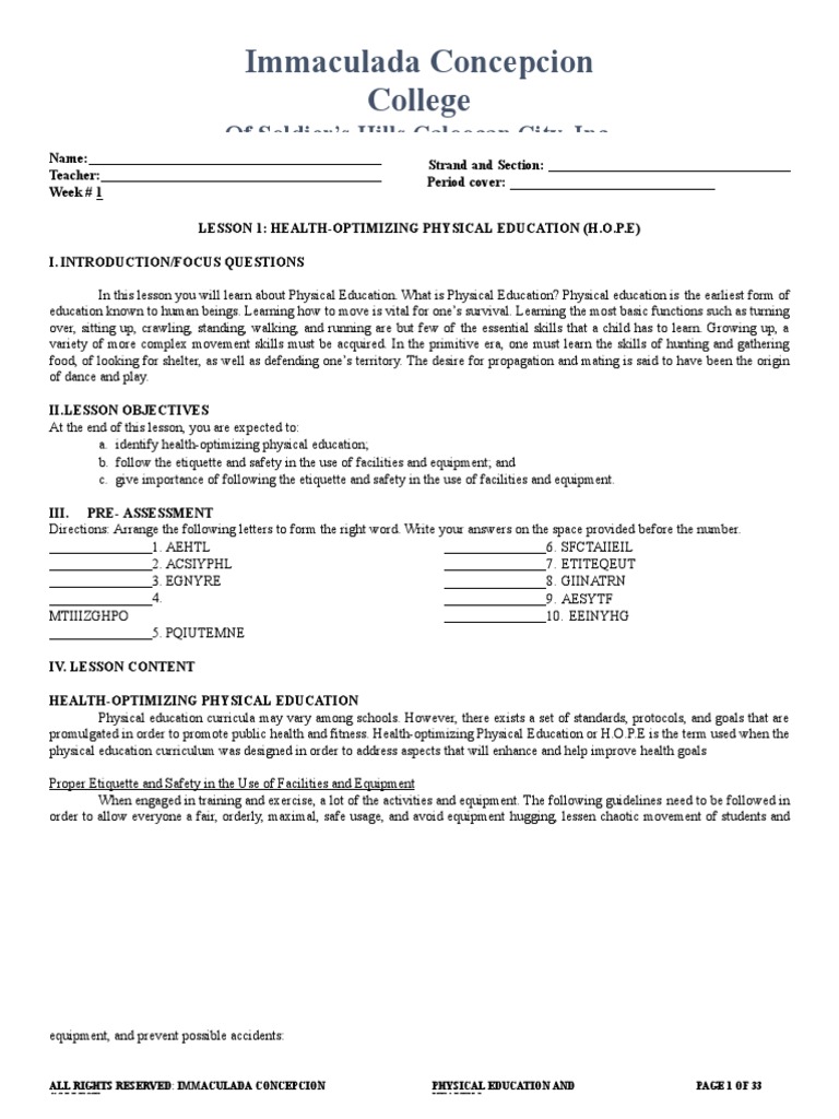 PE 1 Week 1 Module | PDF | Physical Education | Hygiene