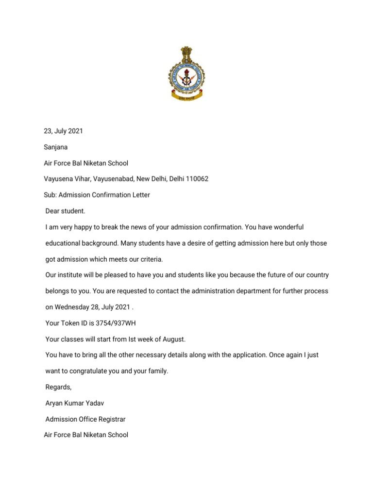 Air Force Bal Niketan School Admission Confirmation Letter 8848557 | PDF