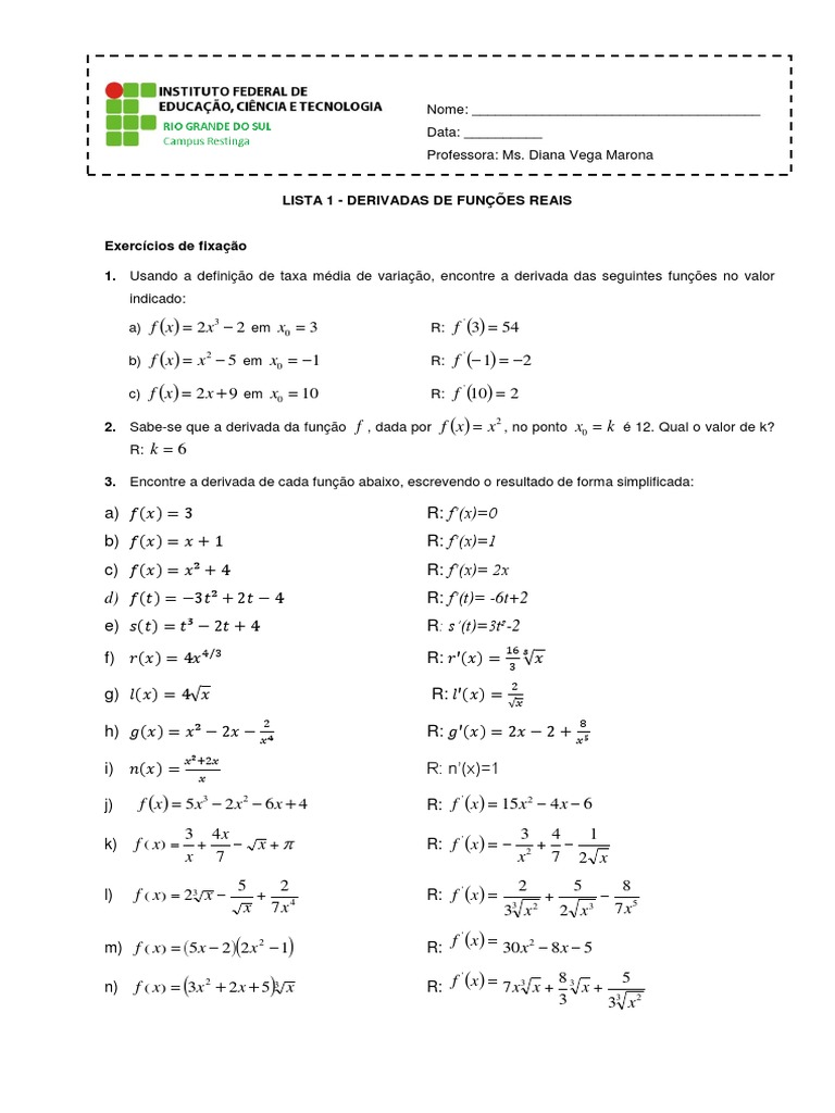 Exercícios de Derivadas e Aplicações | PDF | Derivado | Velocidade