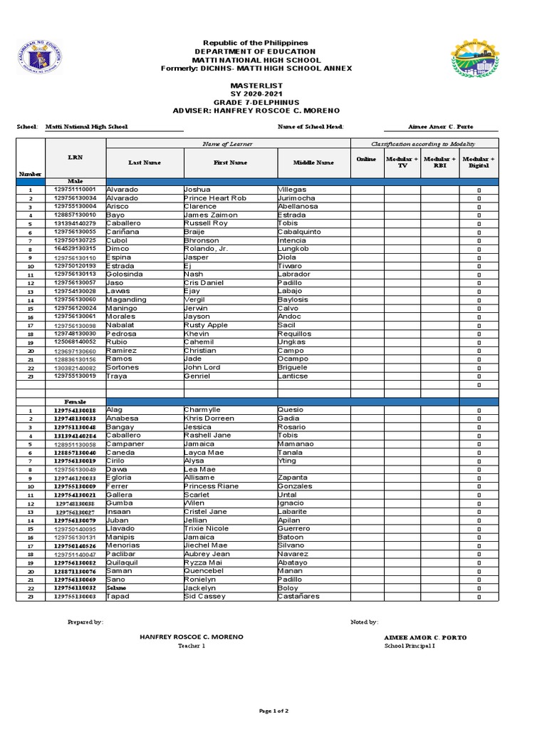 Grade 7 Student Masterlist | PDF