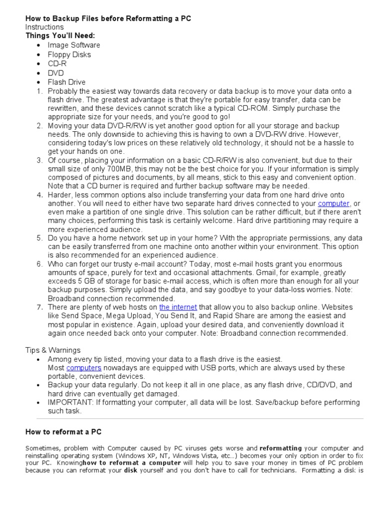 How To Backup Files Before Reformatting A PC | PDF | Booting | Computing Platforms