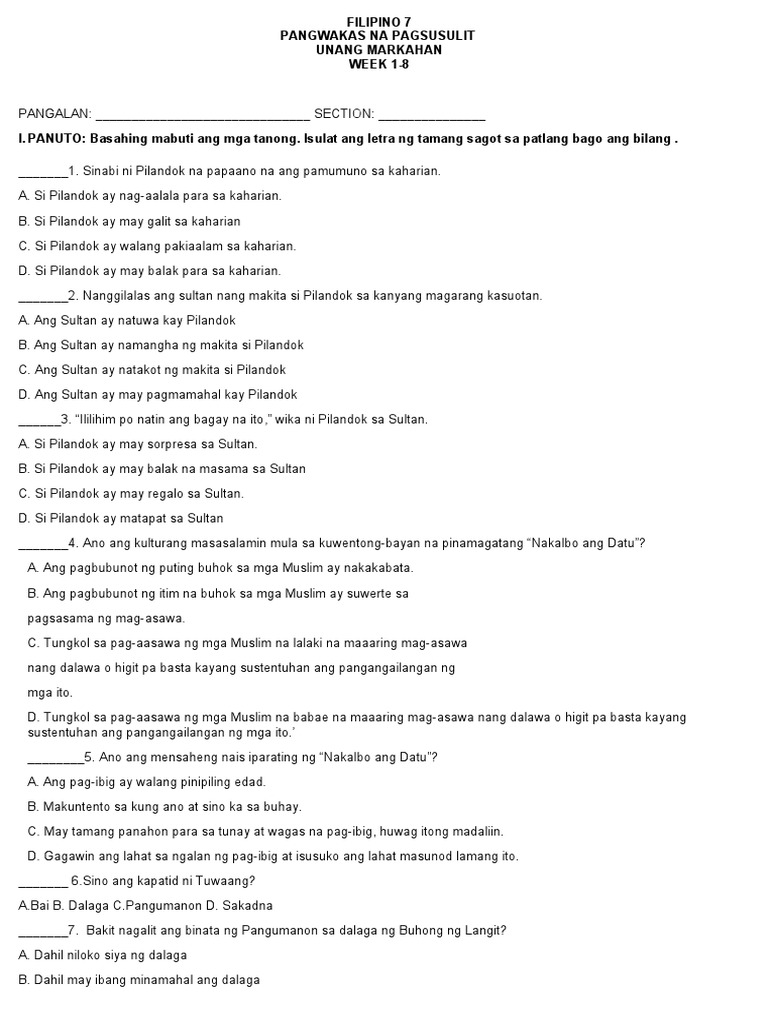 Summative Test in Filipino Week 1 2 Sy. 2021 2022 1 | PDF