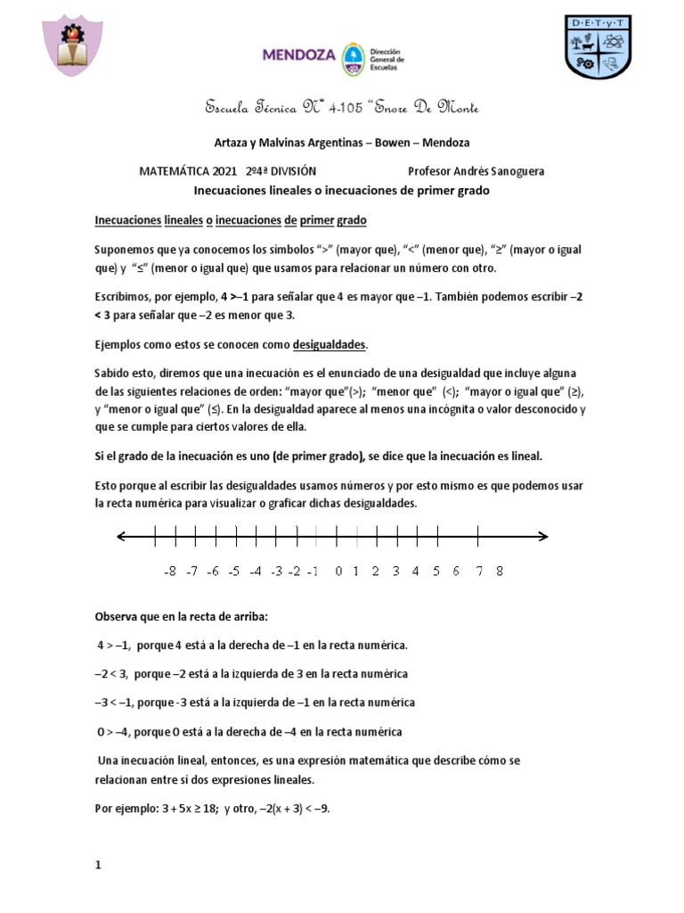 Inecuaciones Lineales o Inecuaciones de Primer Grado 2021 | PDF | Desigualdad (Matemáticas ...