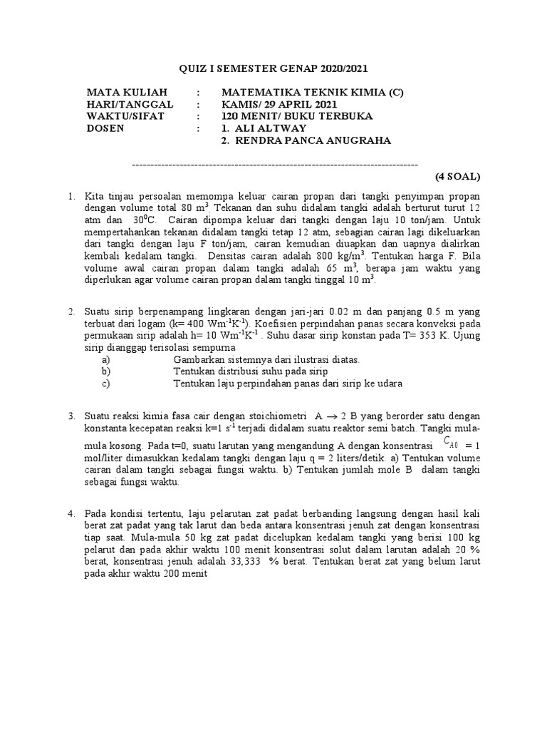 Quiz I Semester Genap 2020 MTK C | PDF
