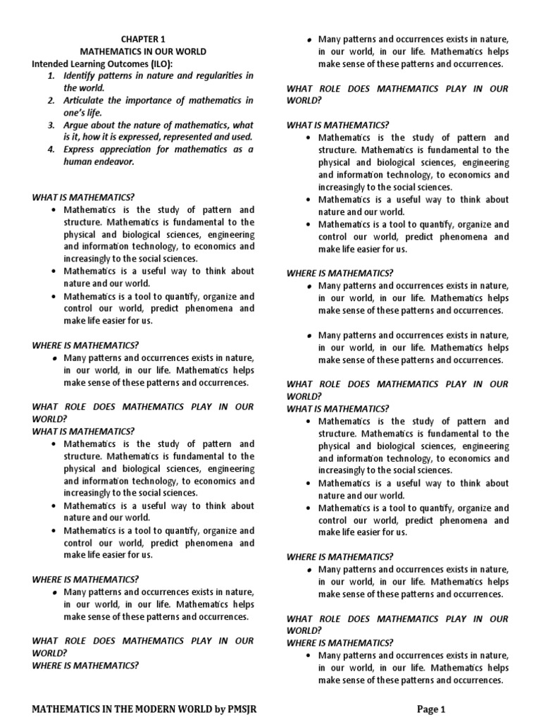 Mathematics in Our World Intended Learning Outcomes (ILO) | PDF ...
