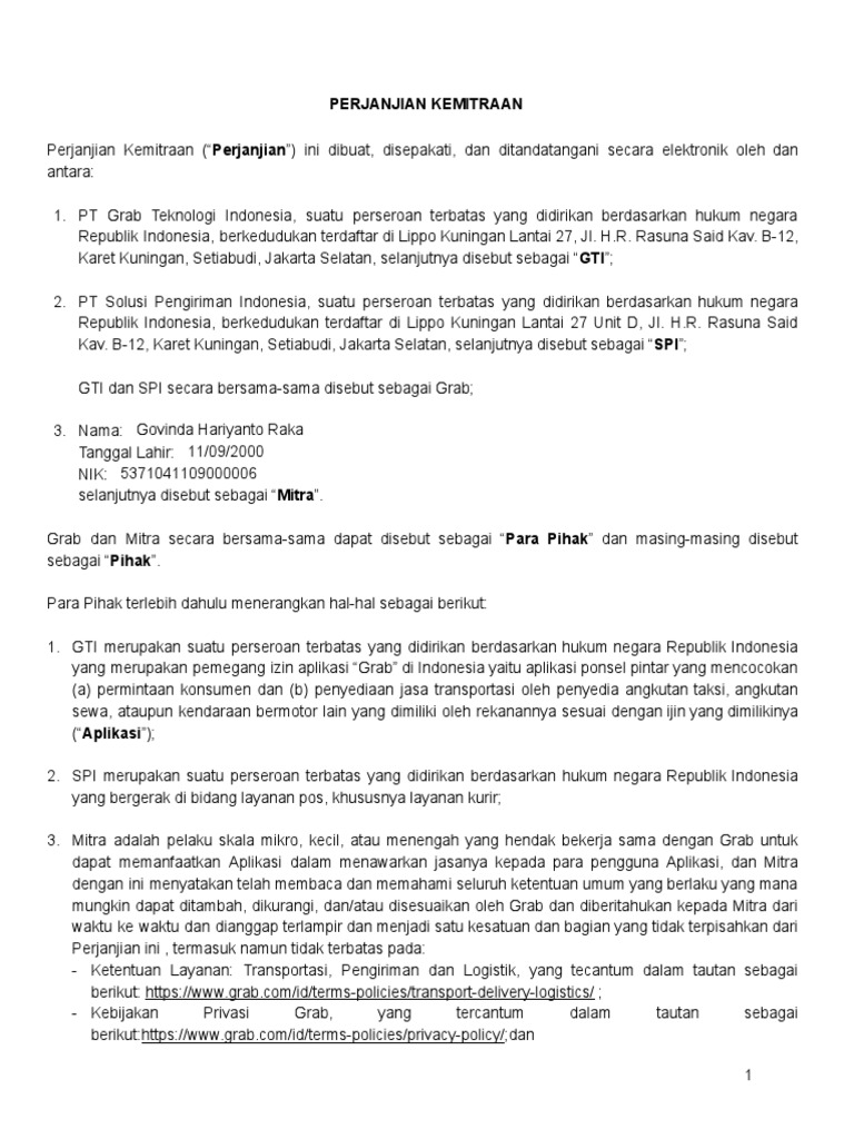 Perjanjian Kemitraan Grab dan TPI | PDF