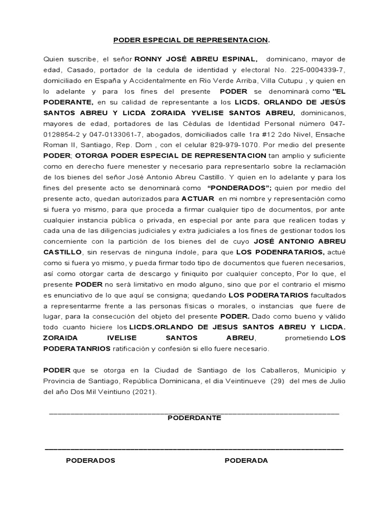Poder Especial de Representacion - Ronny de Jesus Abreu Espinal | PDF