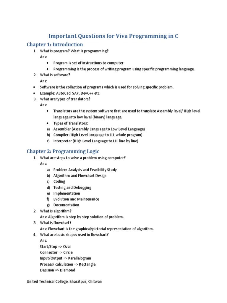 Important Questions For Viva Programming In C Chapter 1 Introduction Pdf Subroutine 