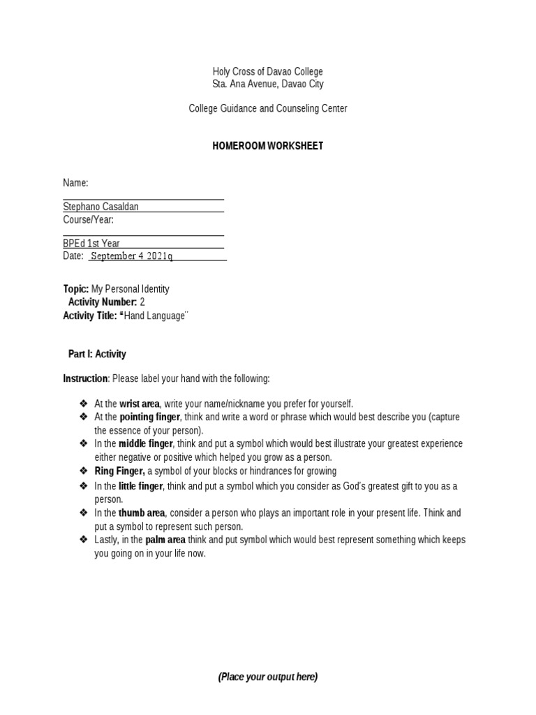 Homeroom Worksheet 2 | PDF | Hand | Cognition