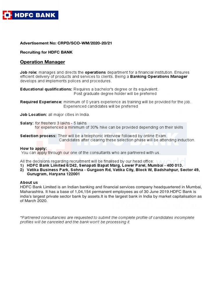 HDFC Bank Operation Manager Recruitment | PDF