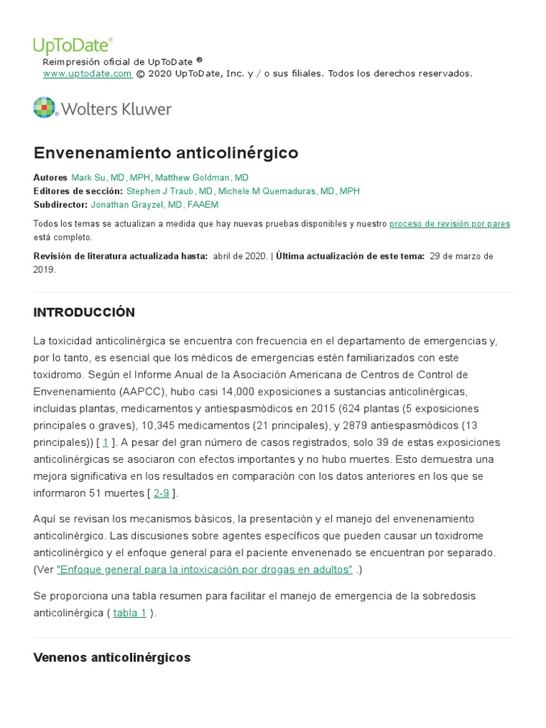 Anticholinergic Poisoning - UpToDate | PDF | Drogas | Medicina