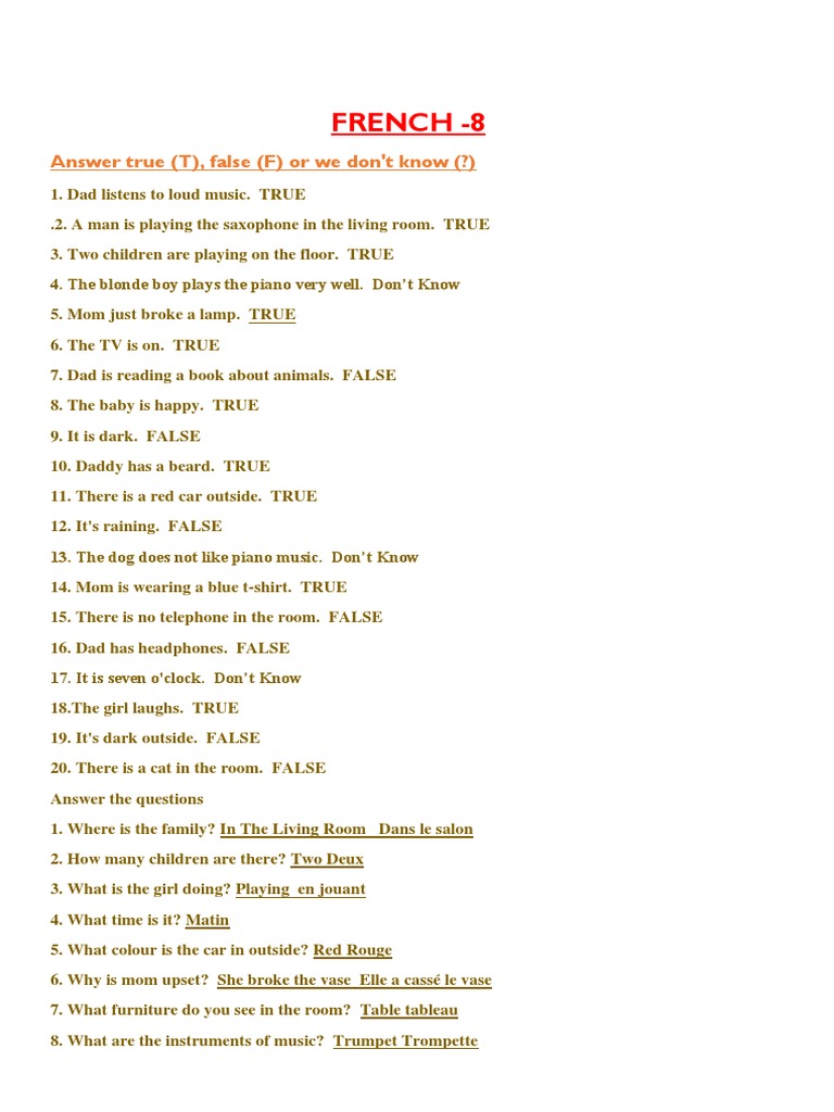 French - 8: Answer True (T), False (F) or We Don't Know (?) | PDF
