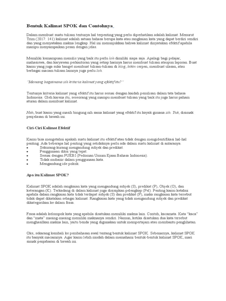 Cara Penulisan Kalimat SPOK Yang Benar | PDF