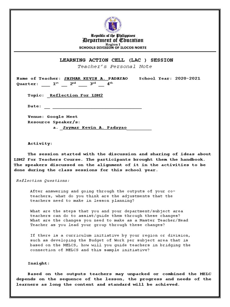 Learning Action Cell Lac Session Teacher S Personal Note | PDF ...