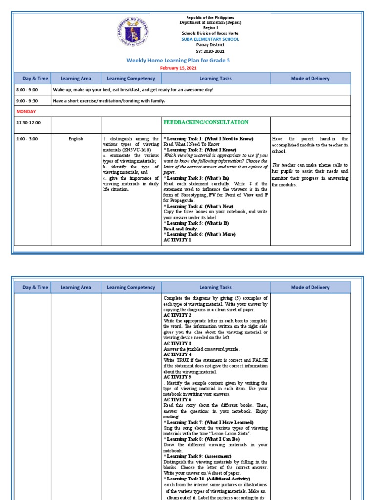 Weekly Home Learning Plan For Grade 5: Learning Area Learning Competency Learning Tasks Mode of ...