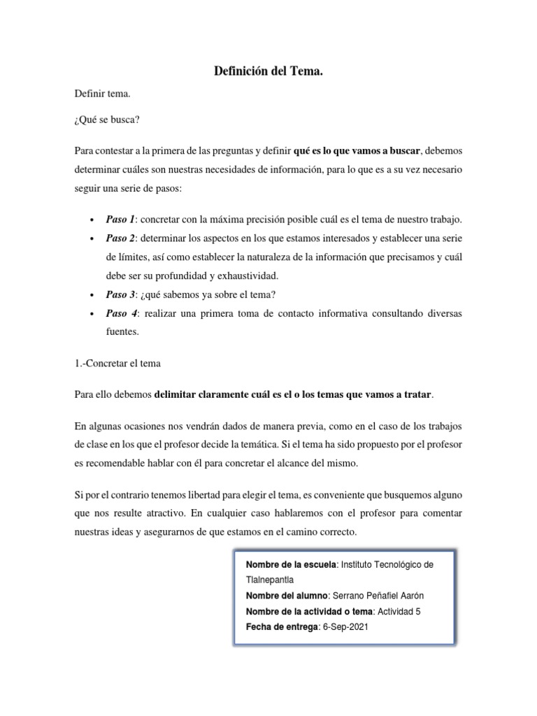 Definicion Del Tema | PDF | Hipótesis | Información
