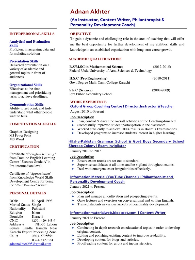 Adnan Akhter Instructor & Director | PDF | Teachers | Test (Assessment)