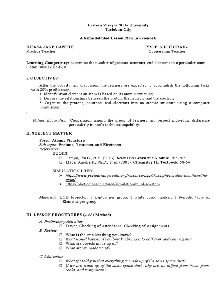Lesson Plan - Atomic Structure (SEMI DETAILED PLAN) | Download Free PDF ...