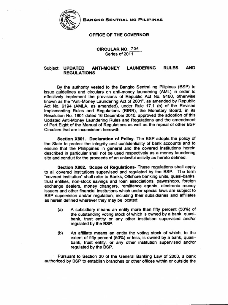 BSP Circular No. 706 | PDF