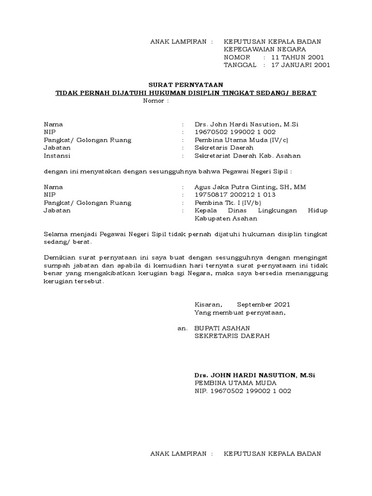 Contoh Surat Pernyataan Tidak Pernah Dijatuhi Hukuman Disiplin Tingkat ...