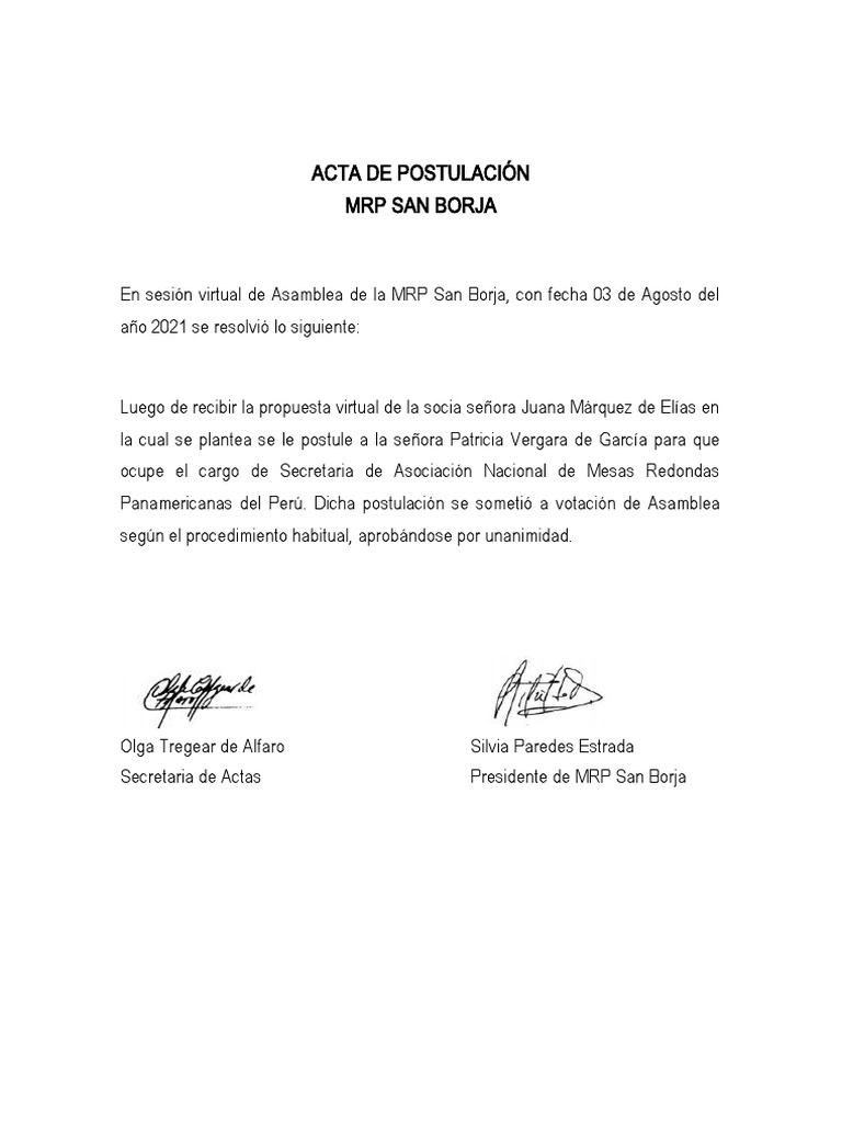 Postulación Unánime en MRP San Borja | PDF