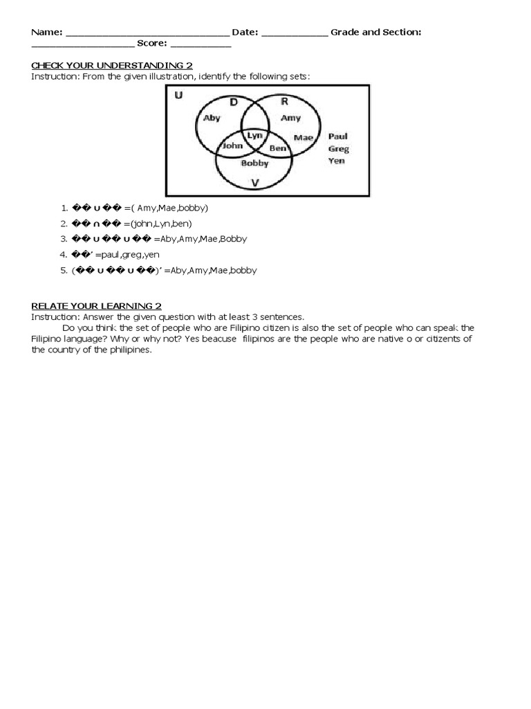 Activity On Venn Diagram and Set Operation | PDF | Language Arts ...