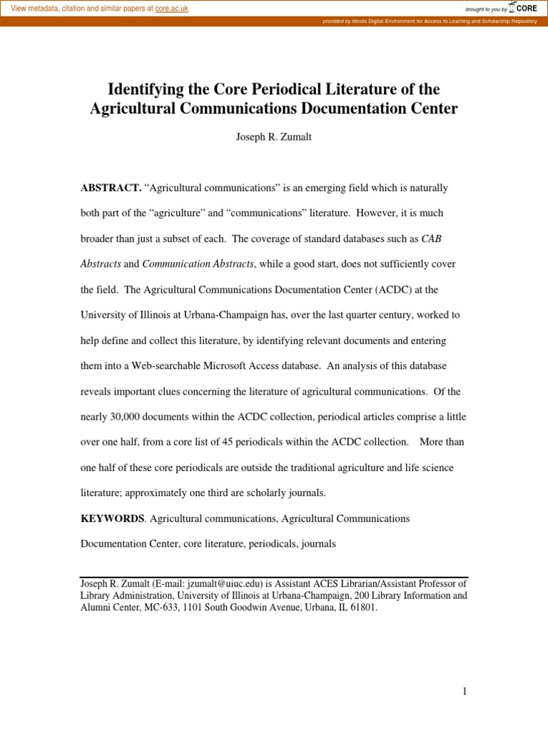 Identifying The Core Periodical Literature of The Agricultural ...
