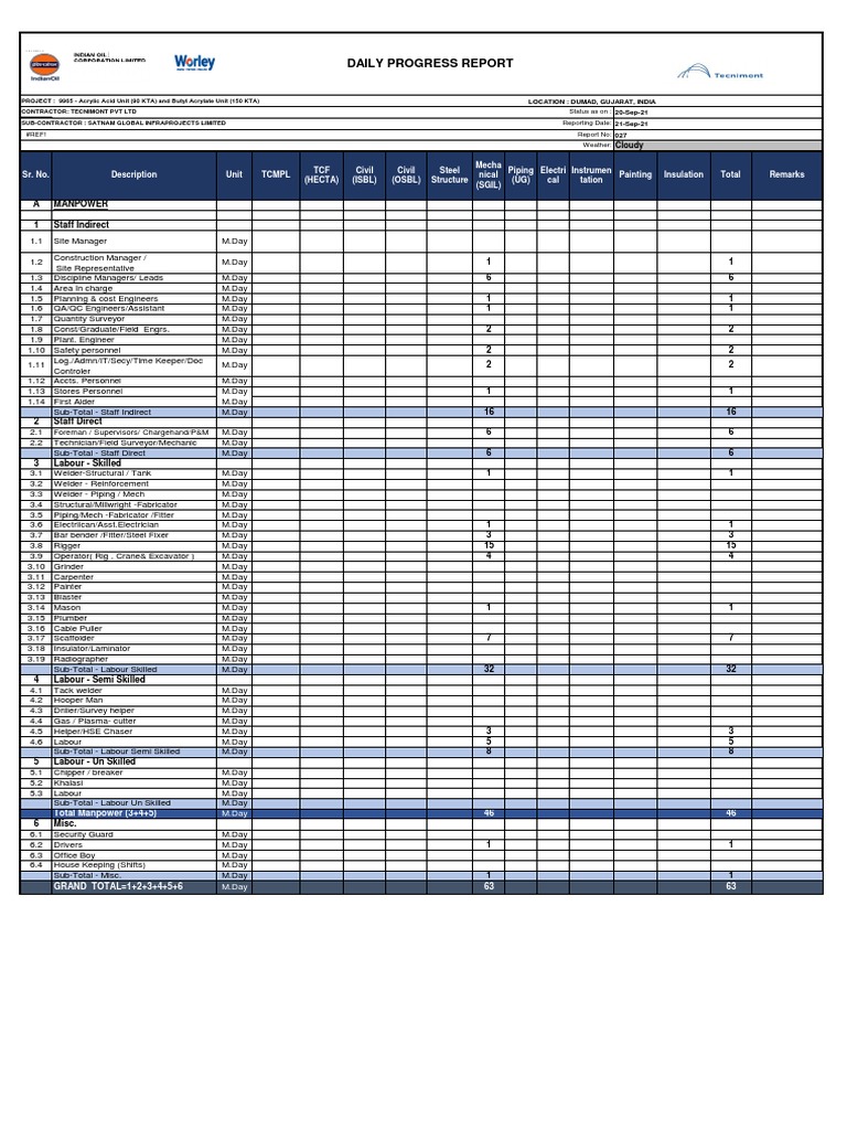 Daily Progress Report: A Manpower 1 Staff Indirect | PDF | Manufactured ...
