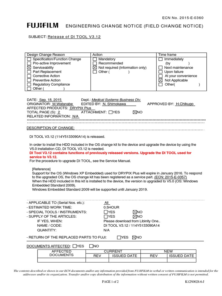 Engineering Change Notice (Field Change Notice) : ECN No. 2015-E-0360 ...