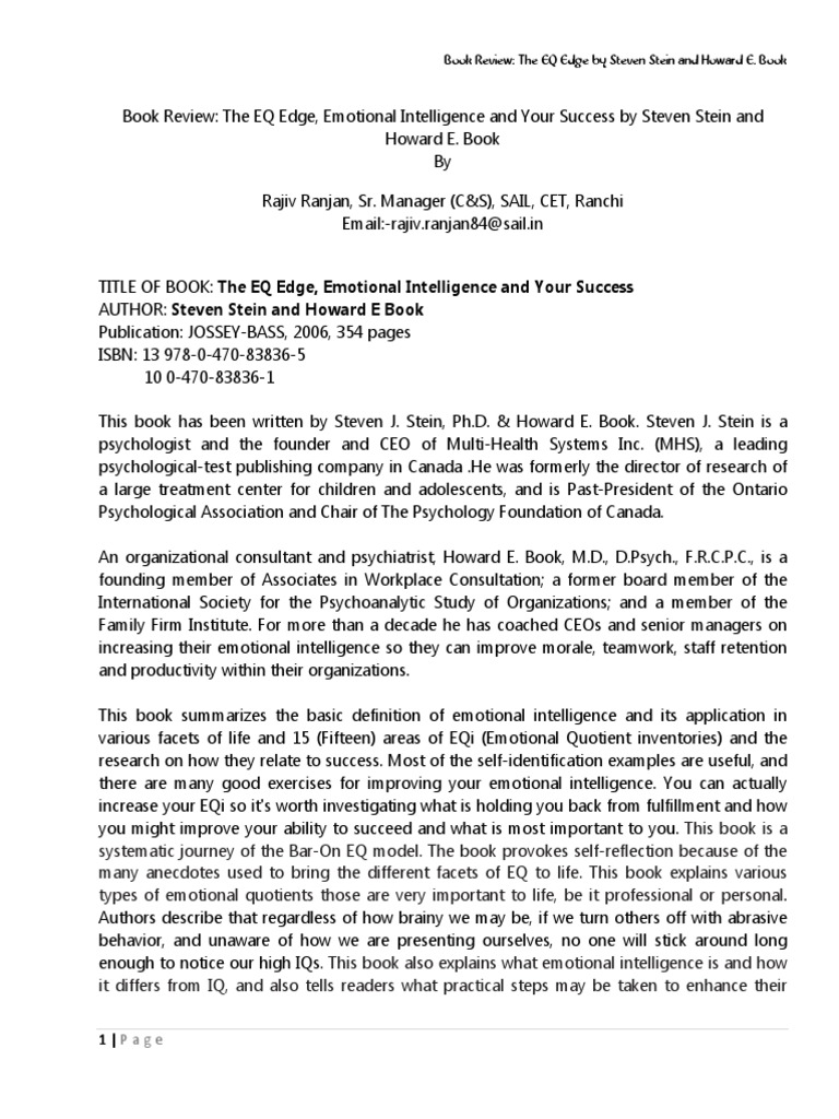 Book Review: The EQ Edge by Steven Stein and Howard E. Book | PDF | Emotional Intelligence ...