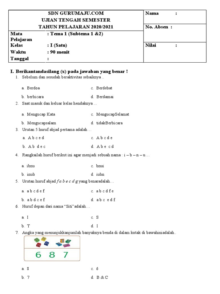 Soal PTS Kelas 1 Tema 1 Sub 1 Dan 2 | PDF