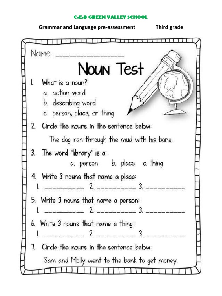 Grammar and Language Pre-Assessment Third Grade: C.E.B Green Valley ...