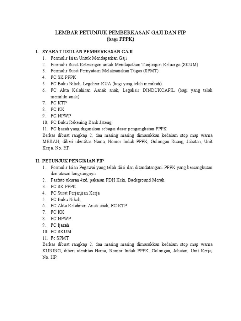 Lembar Petunjuk Pemberkasan Gaji Dan Fip PPPK | PDF