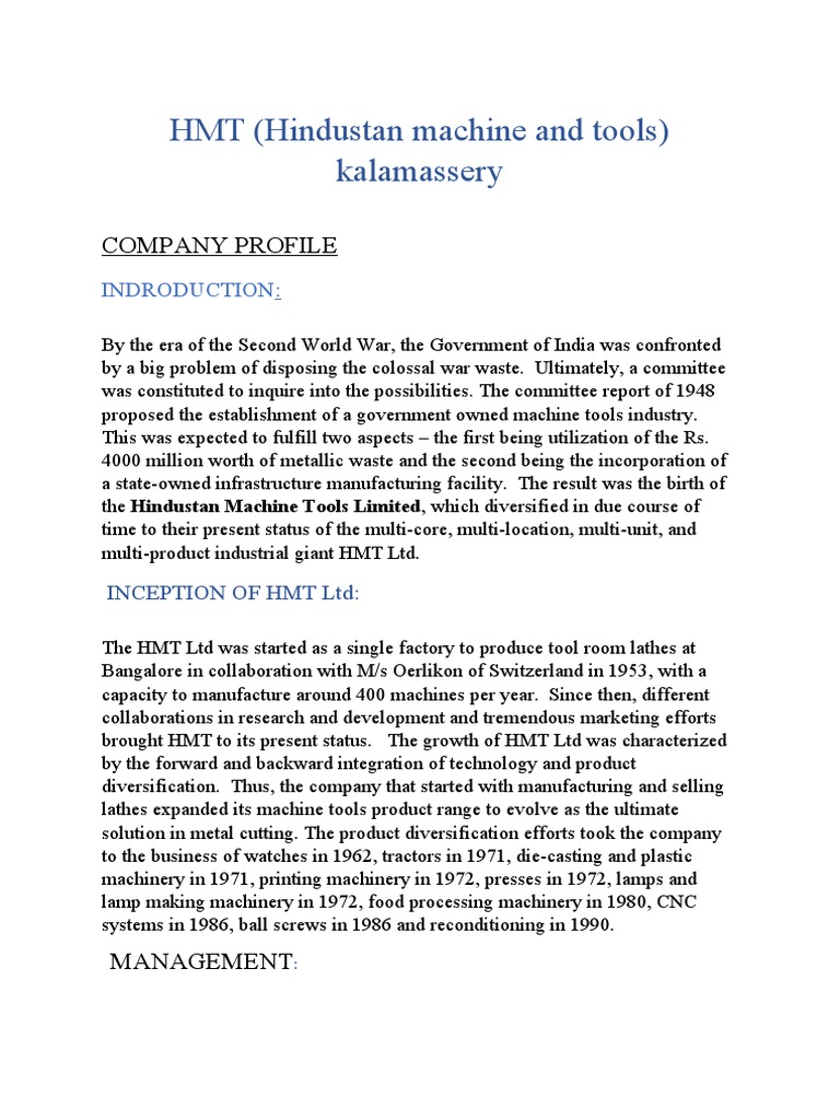 HMT (Hindustan Machine and Tools) Kalamassery: Company Profile | PDF ...