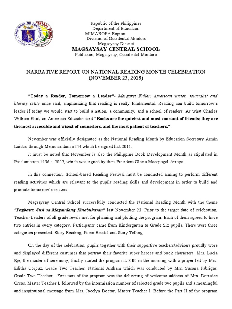Narrative Report On Reading Month Celebration 2018 | PDF