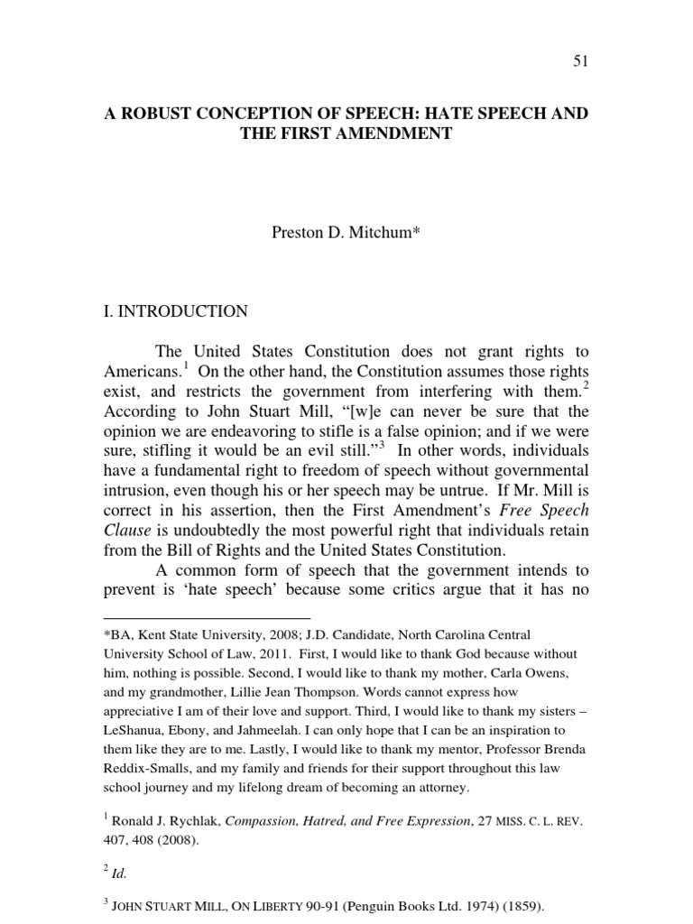 A Robust Conception of Speech: Hate Speech and The First Amendment ...