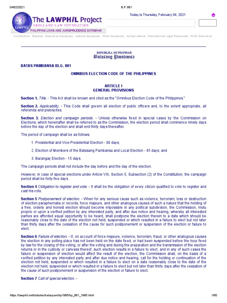 B.P. 881 - Omnibus Election Code of The Philippines | Download Free PDF ...