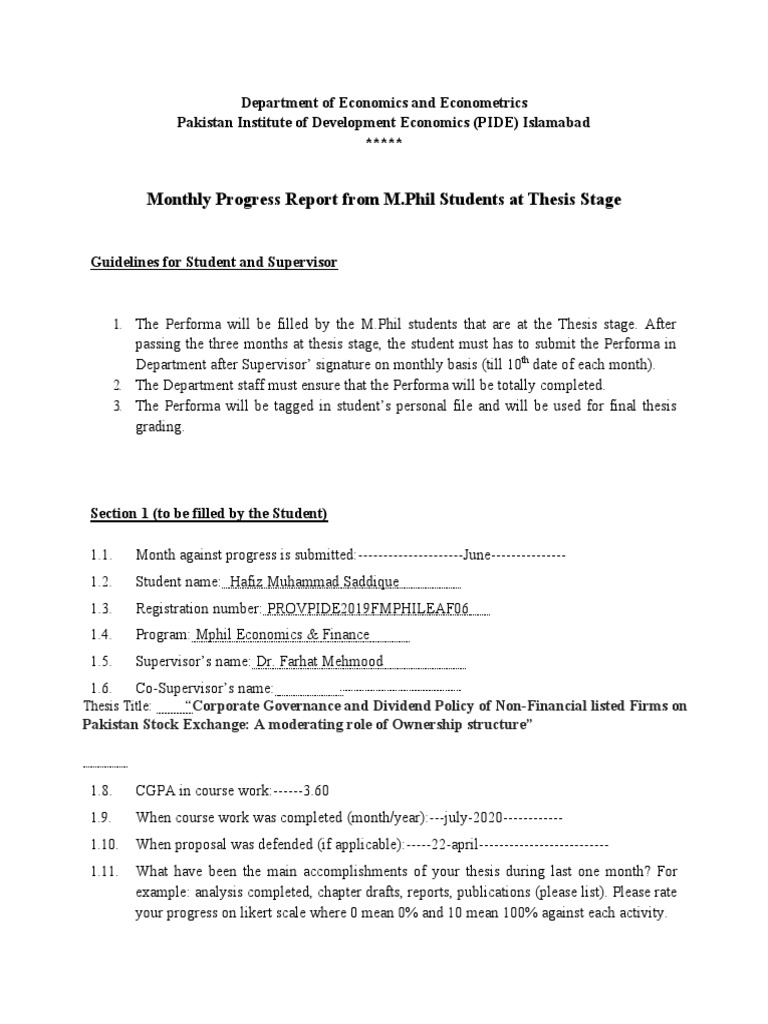 Monthly Progress Report From M.Phil Students at Thesis Stage | PDF ...