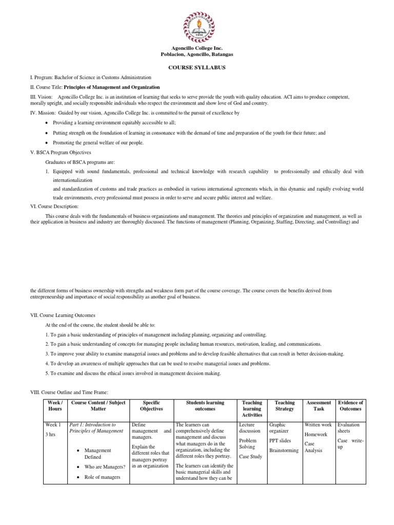 COURSE SYLLABUS Principles of Management | PDF | Leadership | Decision ...