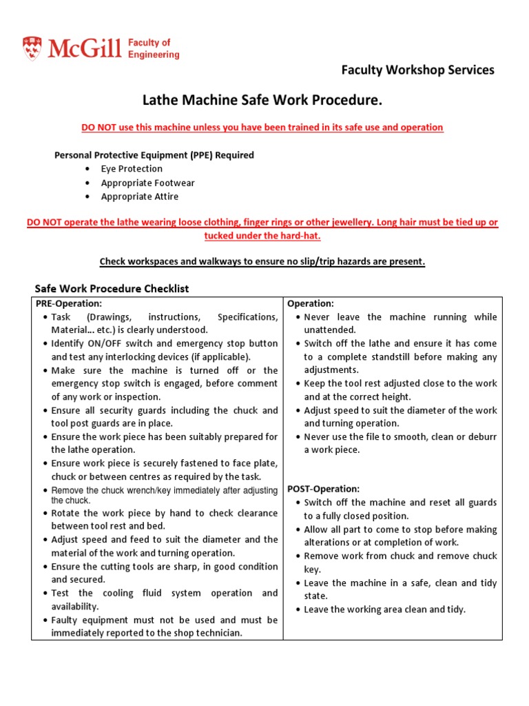 Lathe Machine Safe Work Procedure.: Faculty Workshop Services | PDF ...